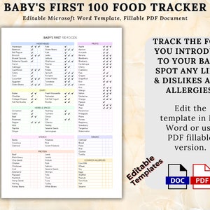 Baby's First 100 Foods Tracker: Editable Template (PDF, Word) - Etsy