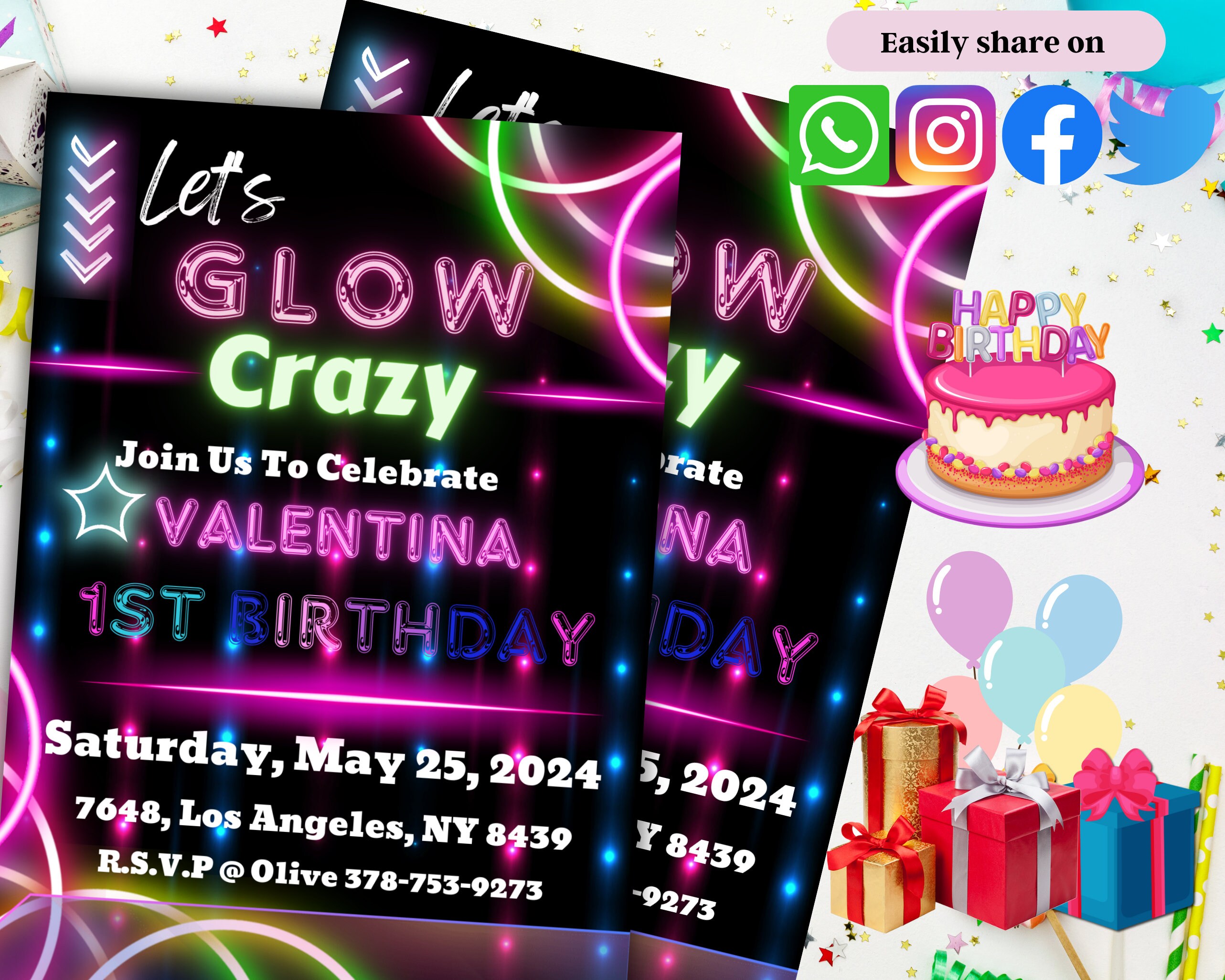Neon Light Party Invitation Templates Editable Birthday Card - Etsy