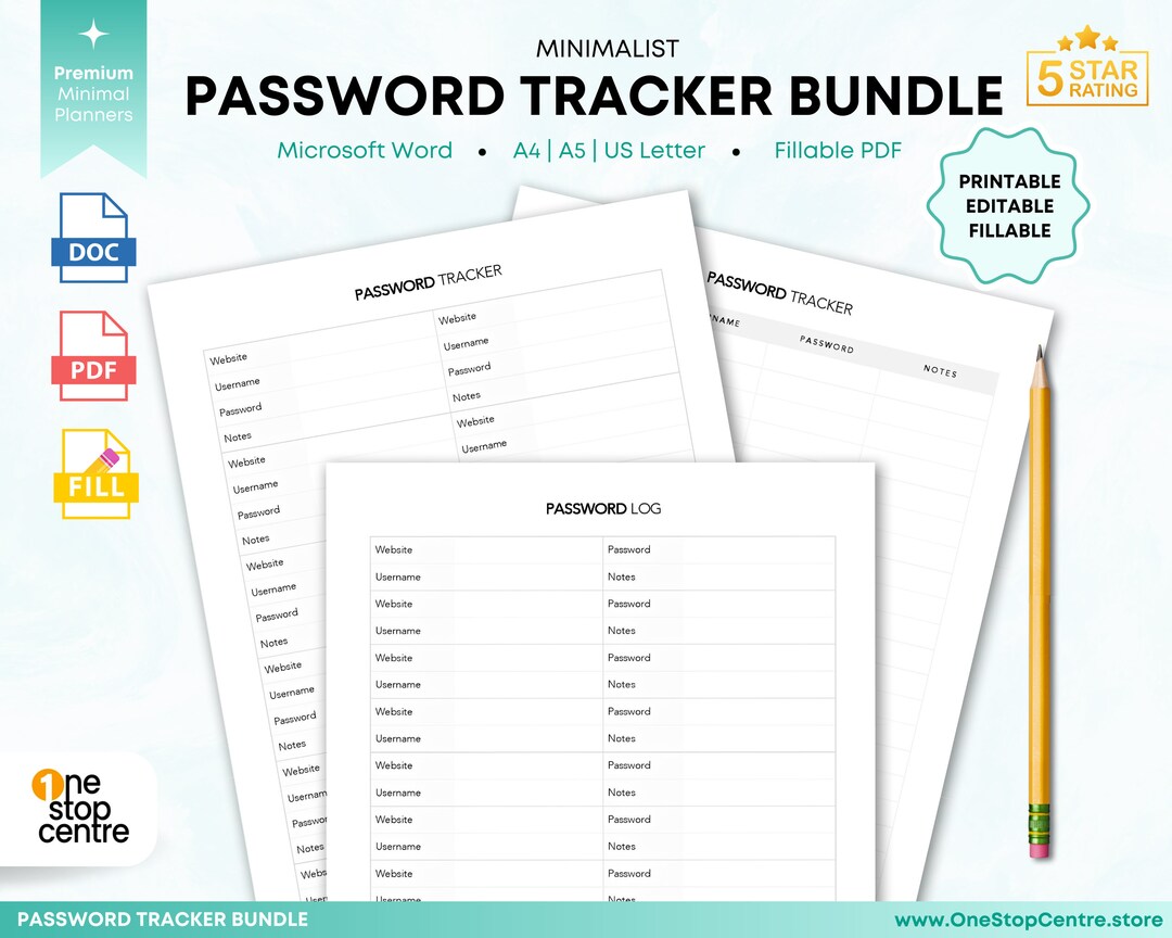 Editable Printable Password Tracker Bundle Template Three Versions, PDF ...
