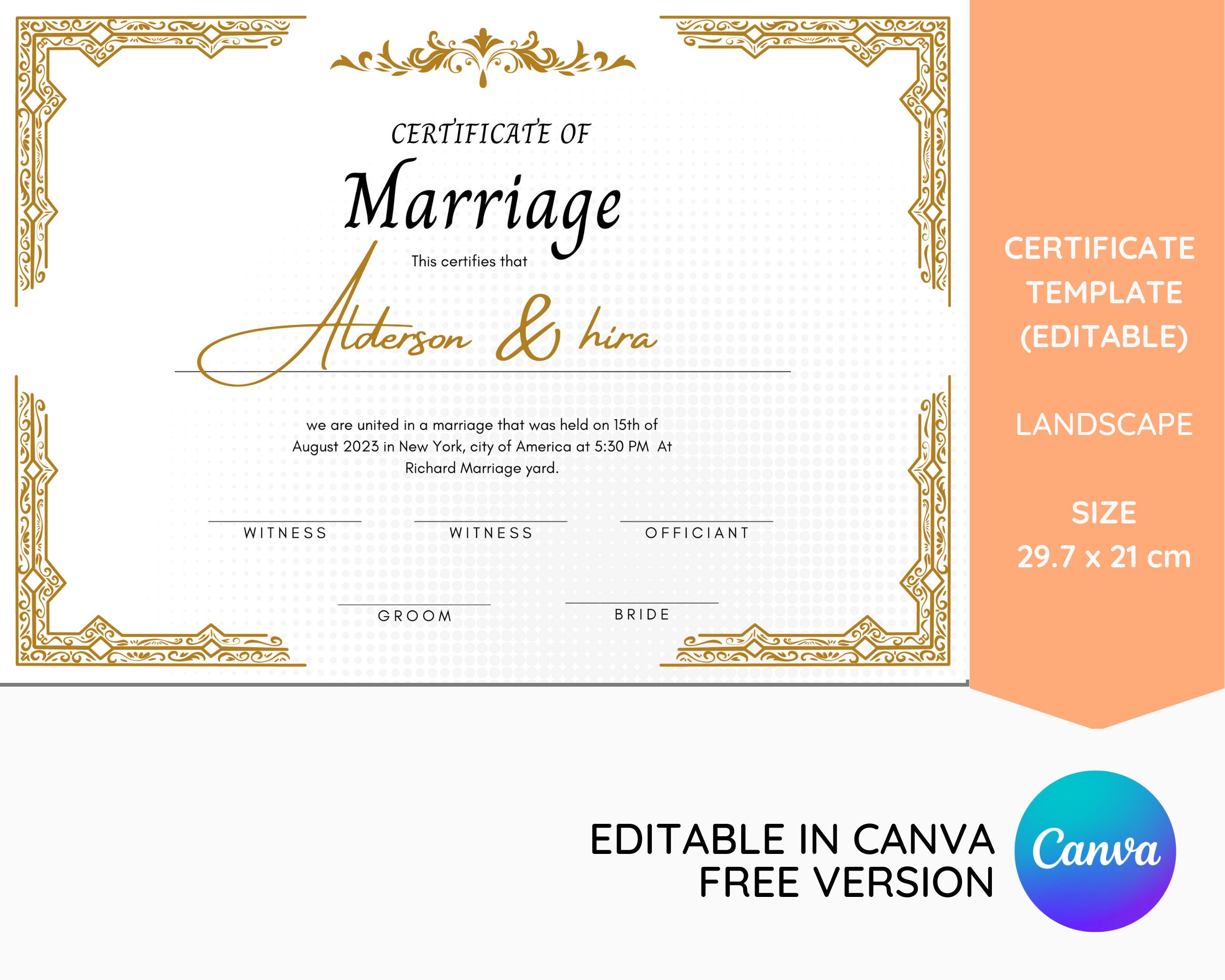 Editable Marriage Certificate Template for Newlyweds, White Gold ...