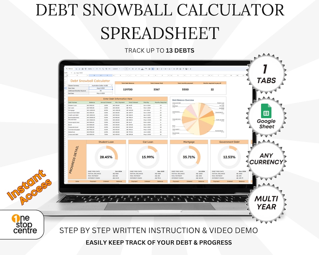 Debt Snowball Calculator Tracker Google Spreadsheet Template, Debt ...