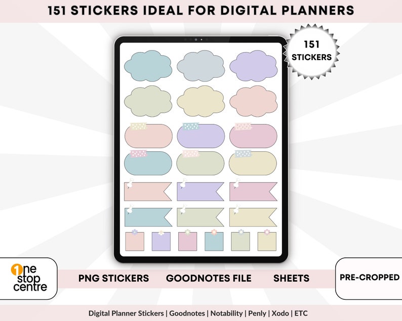 Digital Planner Sticky Notes: 151 Goodnotes PNG Stickers (digital ...