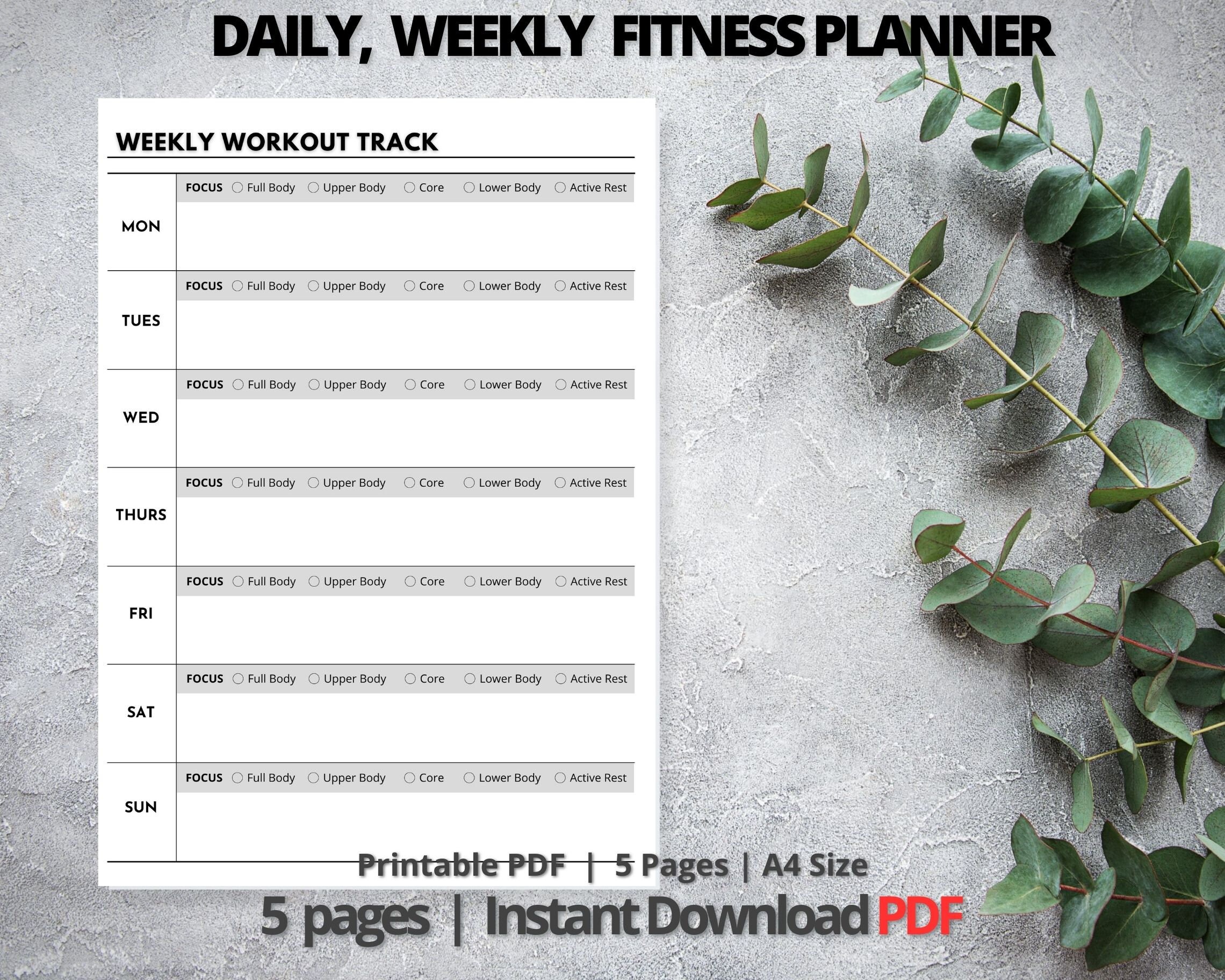 Fitness Workout Tracker Printable, Daily Exercise Planner, Weekly ...