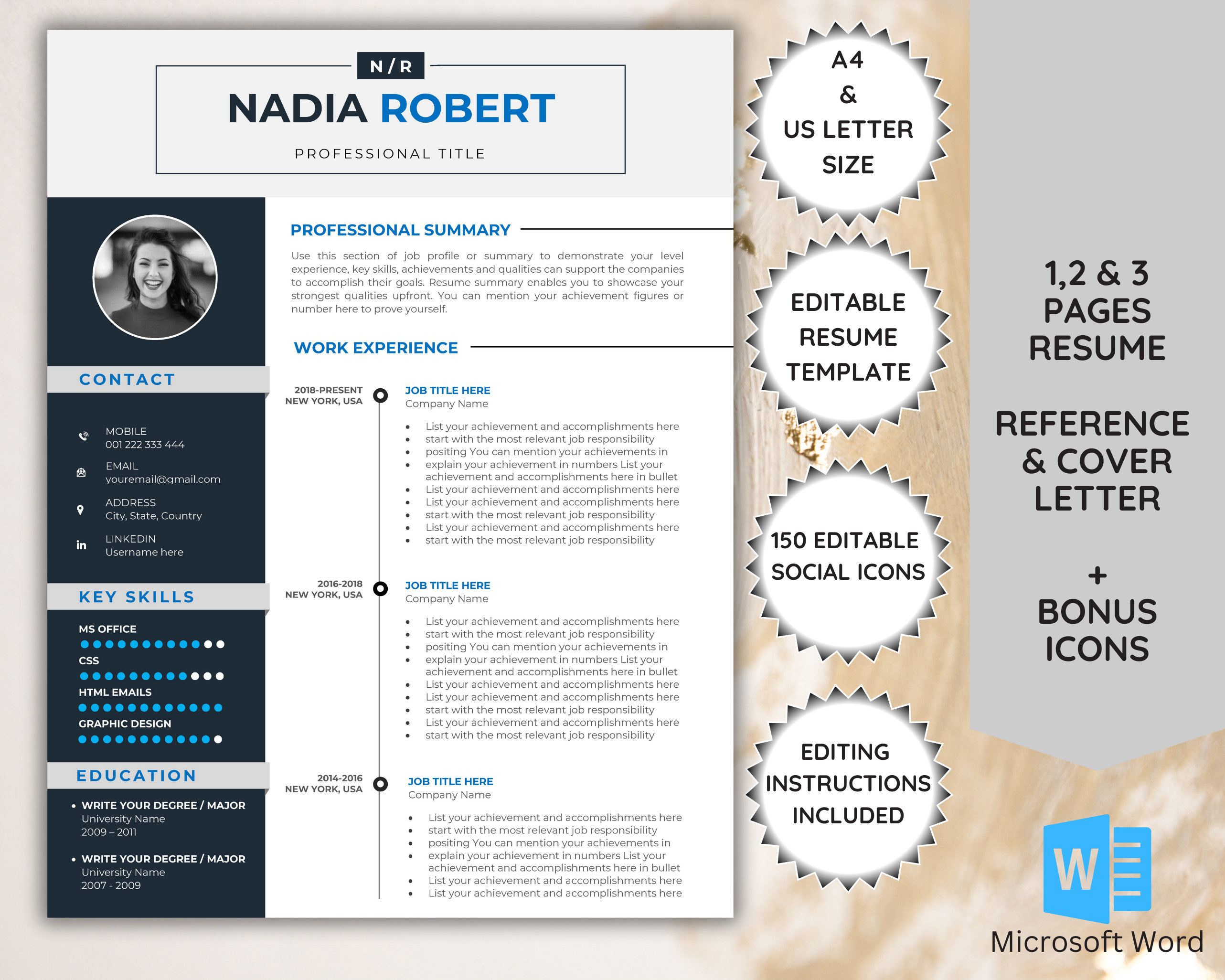 Editable Professional Resume Template for Word, Modern CV Template With ...