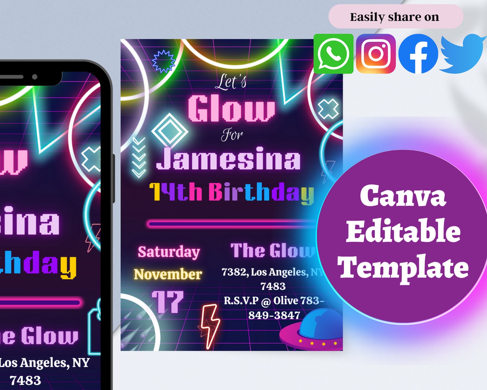 Neon Lights Glowing Birthday Party Invitation Template, Girl and Boy ...