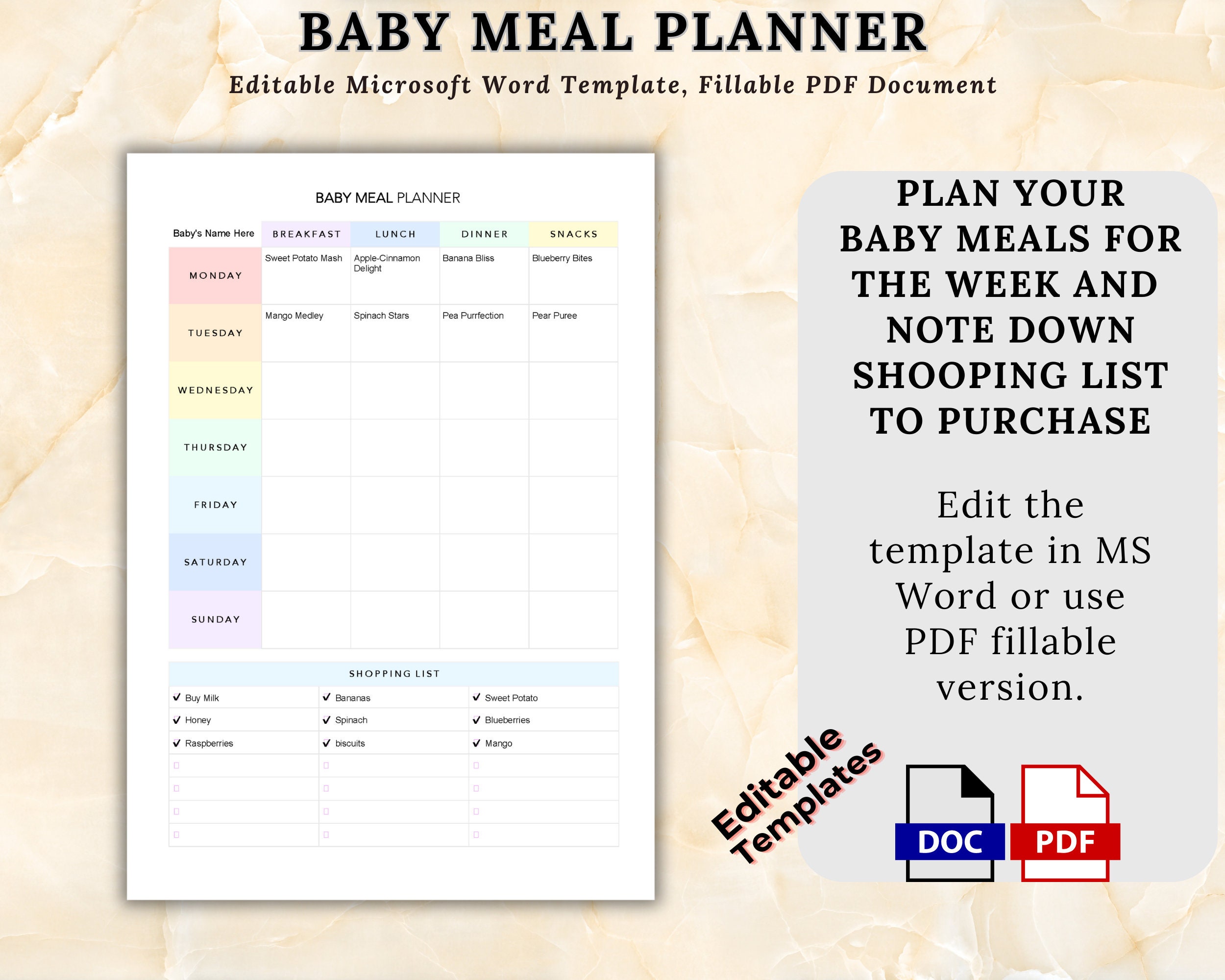 Baby Weekly Meal Planner Template: Editable Shopping List (PDF, Word ...
