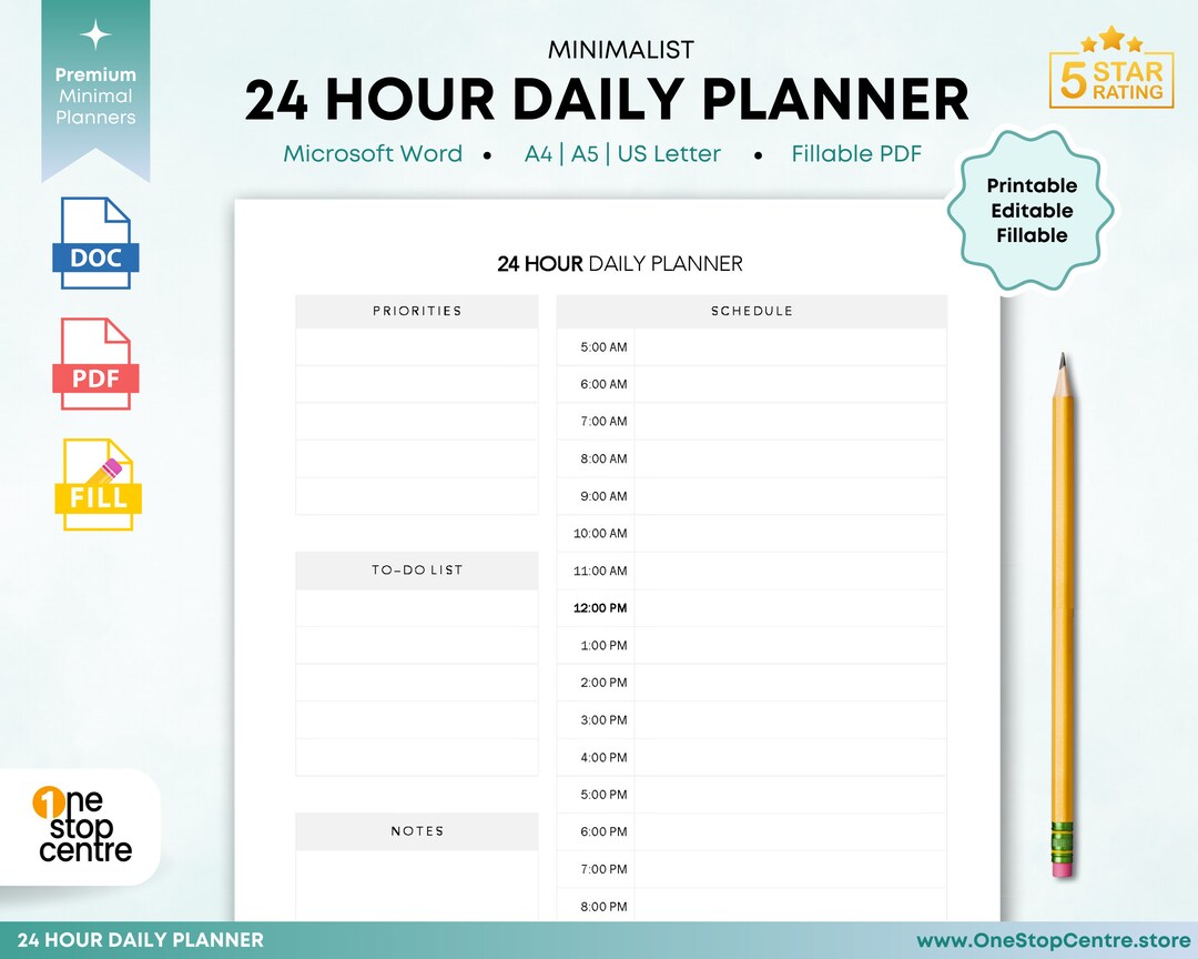 Editable Daily Planner Printable Templates, 24 Hour Daily Digital ...