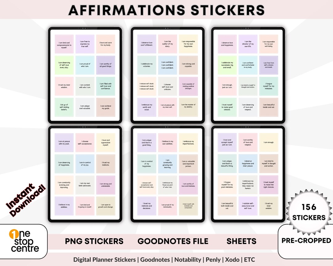 Affirmations Digital Planner Stickers: Positive Life Quotes (PNG ...