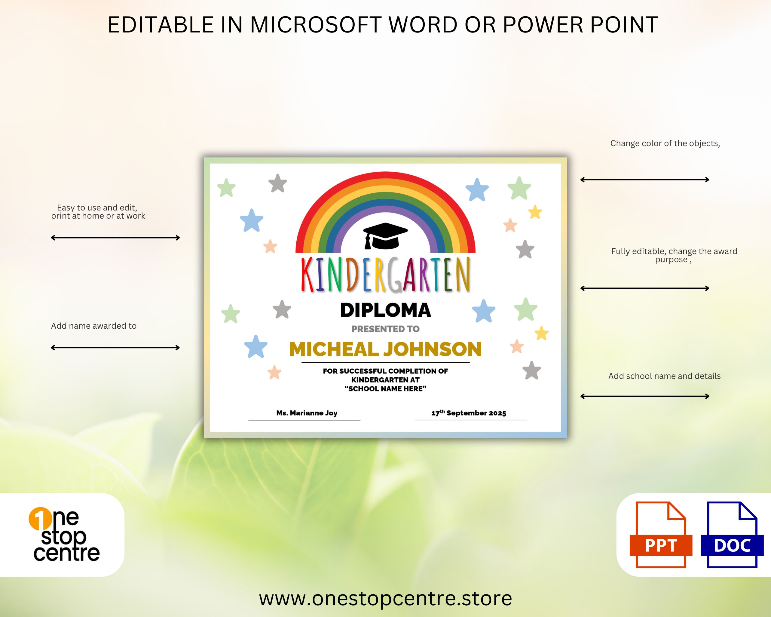 Kindergarten Rainbow Star Editable Certificate Template - Etsy