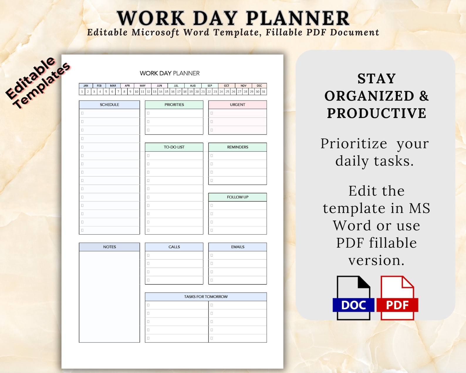 Editable Work Planner Template, Work Day Organizer, Printable Daily ...