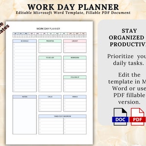 Editable Work Planner Template, Work Day Organizer, Printable Daily ...
