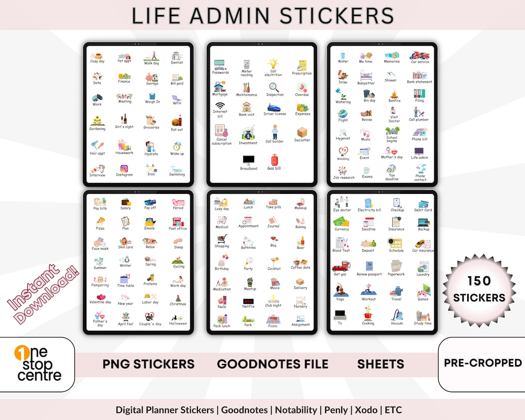 Life Admin Digital Stickers: Goodnotes Planner, PNG Stickers (150) - Etsy