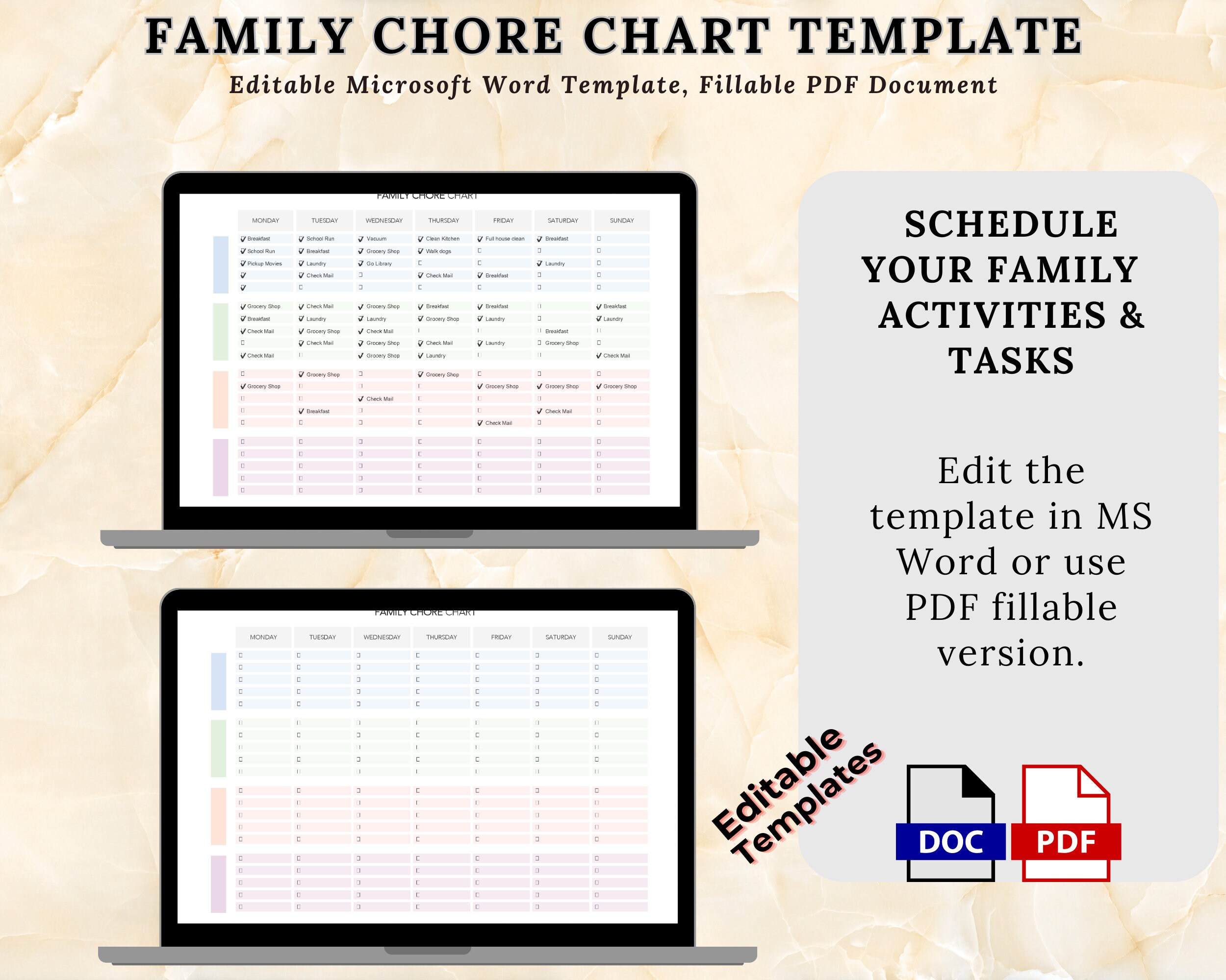 Editable Family Chore Chart Template: Weekly Planner (PDF, Word) - Etsy ...