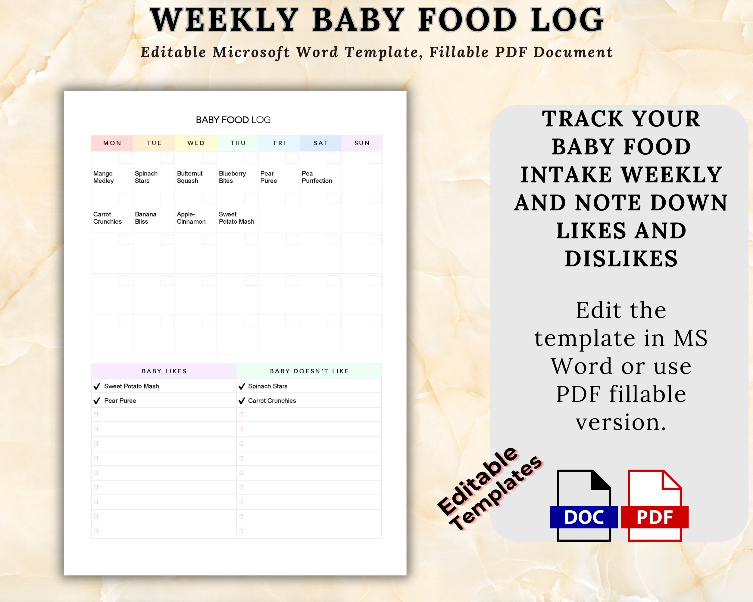 Editable Baby Food Log Templates, Child Food Likes and Dislikes ...