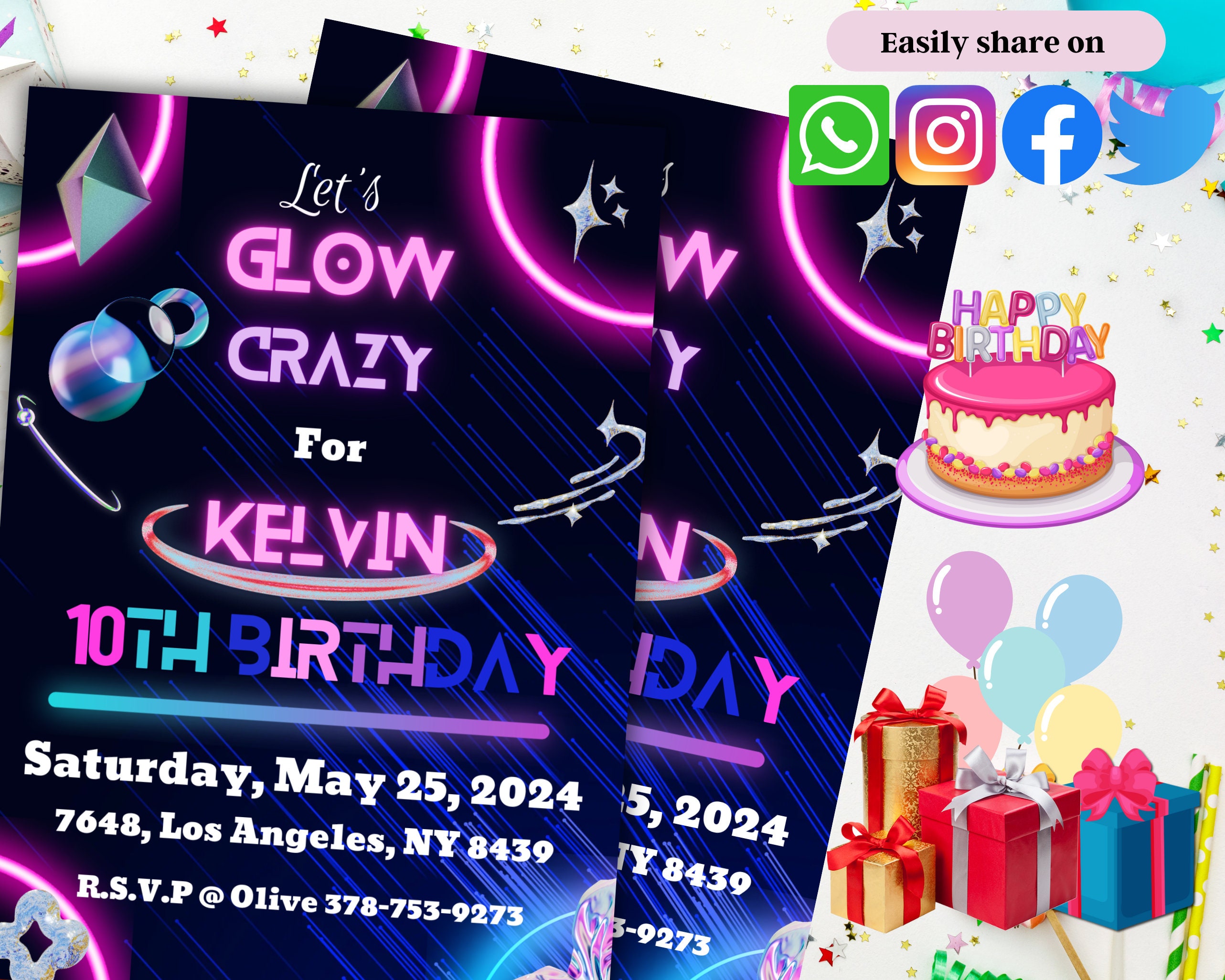 Editable Glow Birthday Invitations Card, Digital Party Invites ...