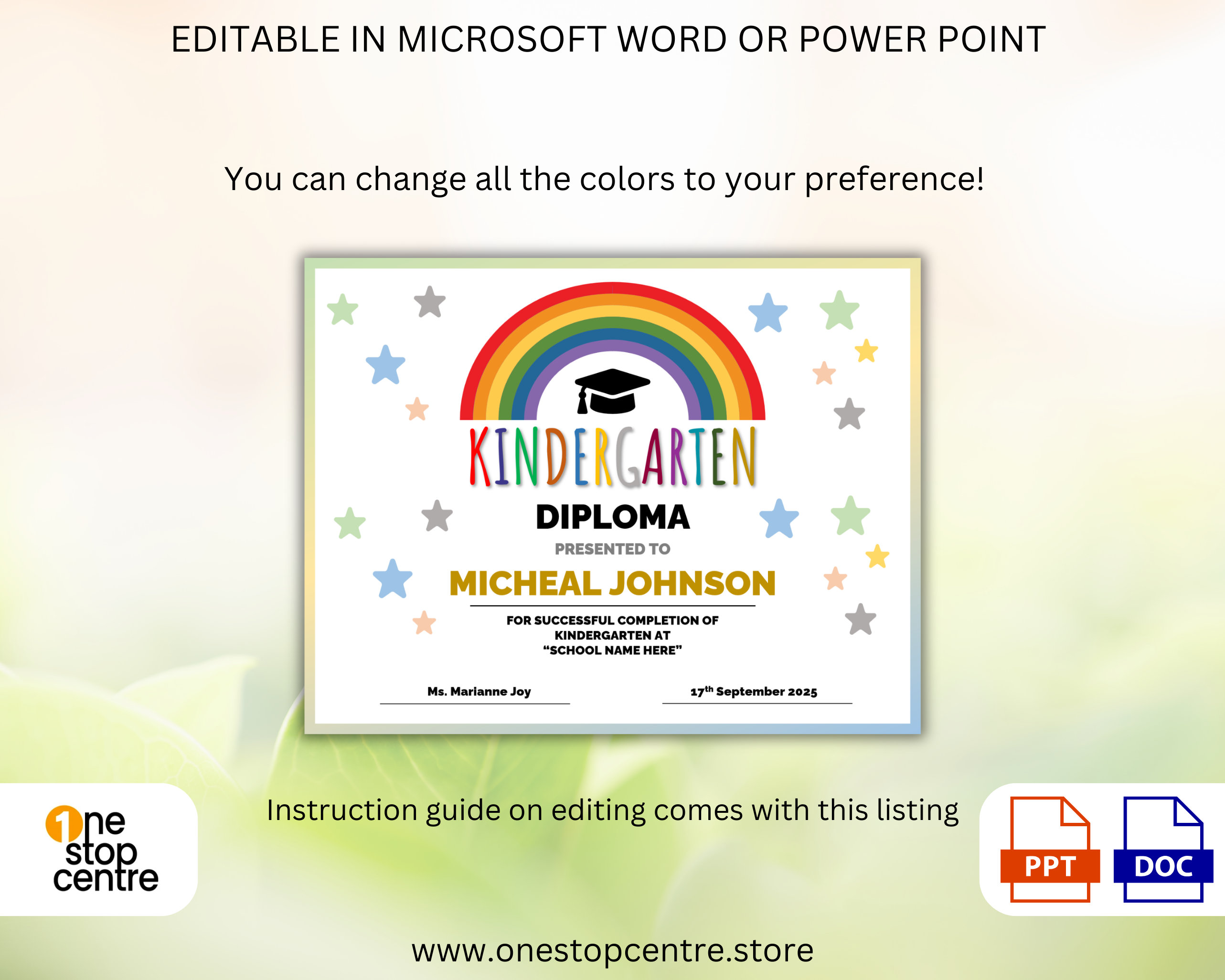 Rainbow Star Kindergarten Diploma Template (editable) - Etsy