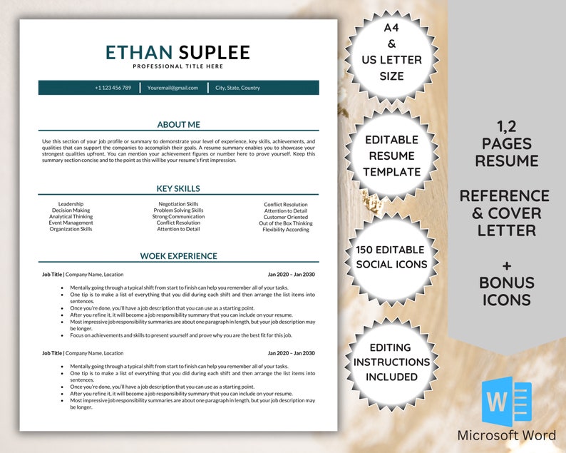 CV Template for Word, Curriculum Vitae, Professional Resume ATS ...