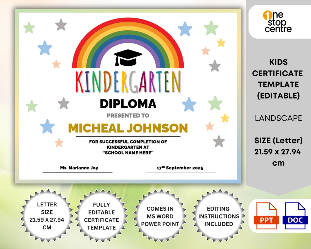 Kindergarten Rainbow Star Editable Certificate Template, Kindergarten ...