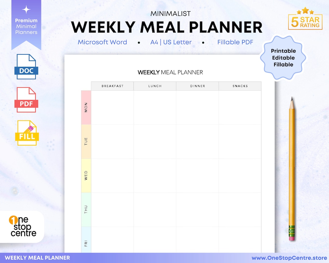 Weekly Meal Planner Editable Word Template, PDF Fillable Planner ...