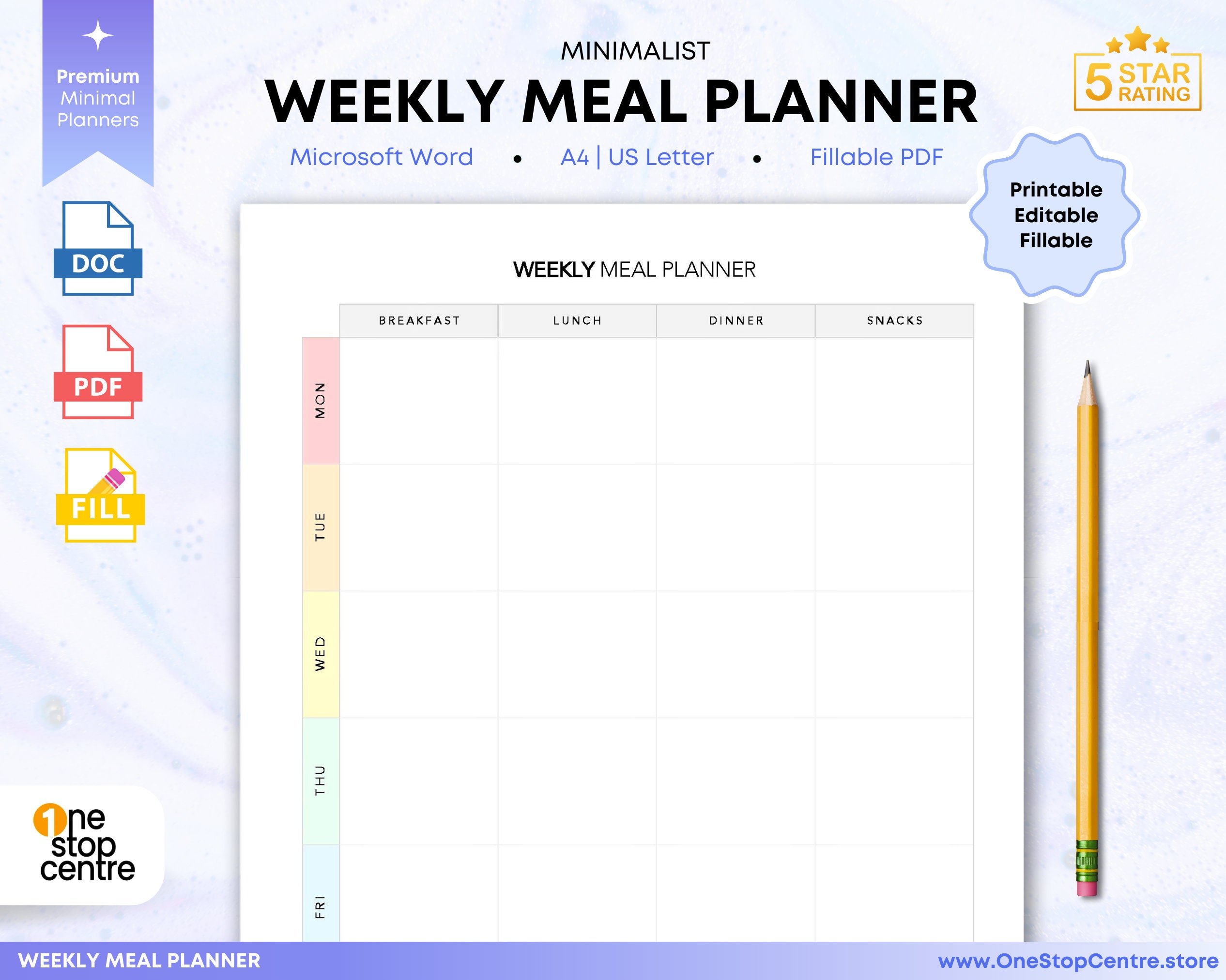 Weekly Meal Planner Editable Word Template, PDF Fillable Planner ...