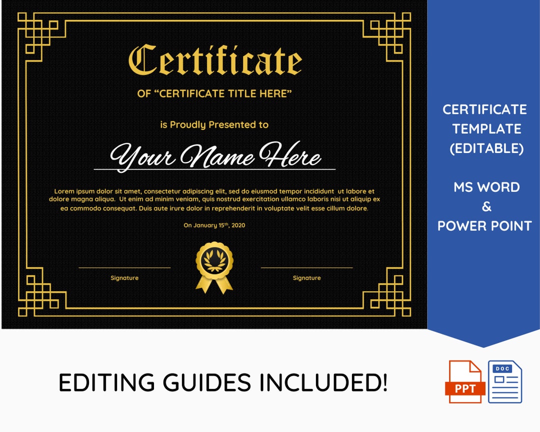 Editable Certificate Template, Black and Gold Template, Certificate of ...