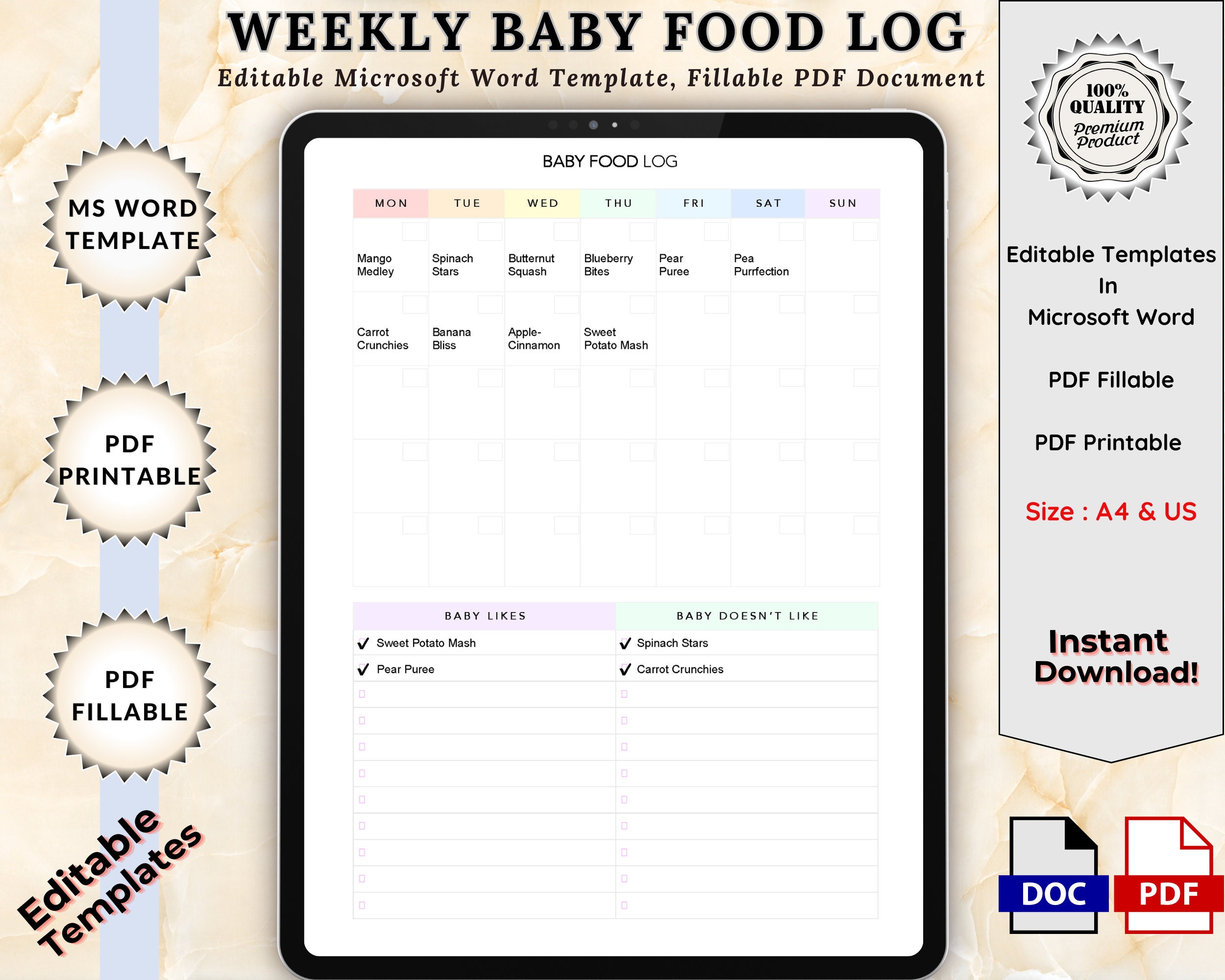 Editable Baby Food Log Templates, Child Food Likes and Dislikes ...