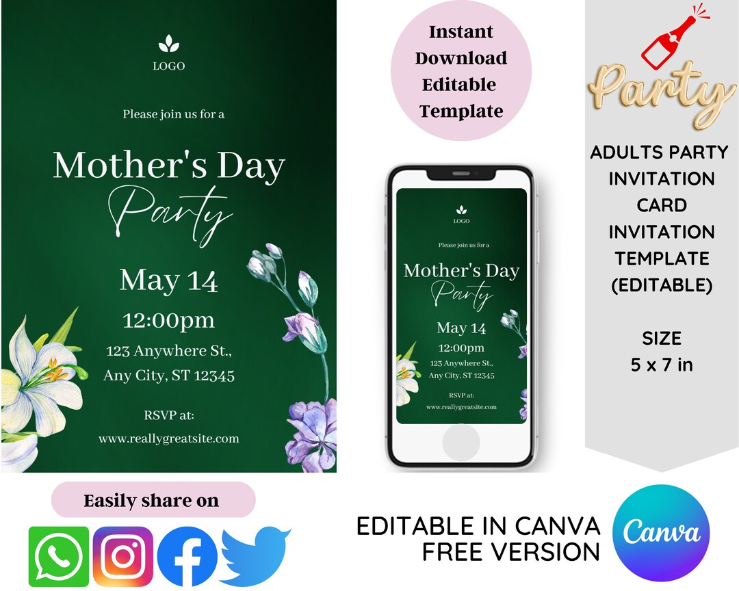 Mothers Day Party Invitation Template, Private Party Mothers Day ...