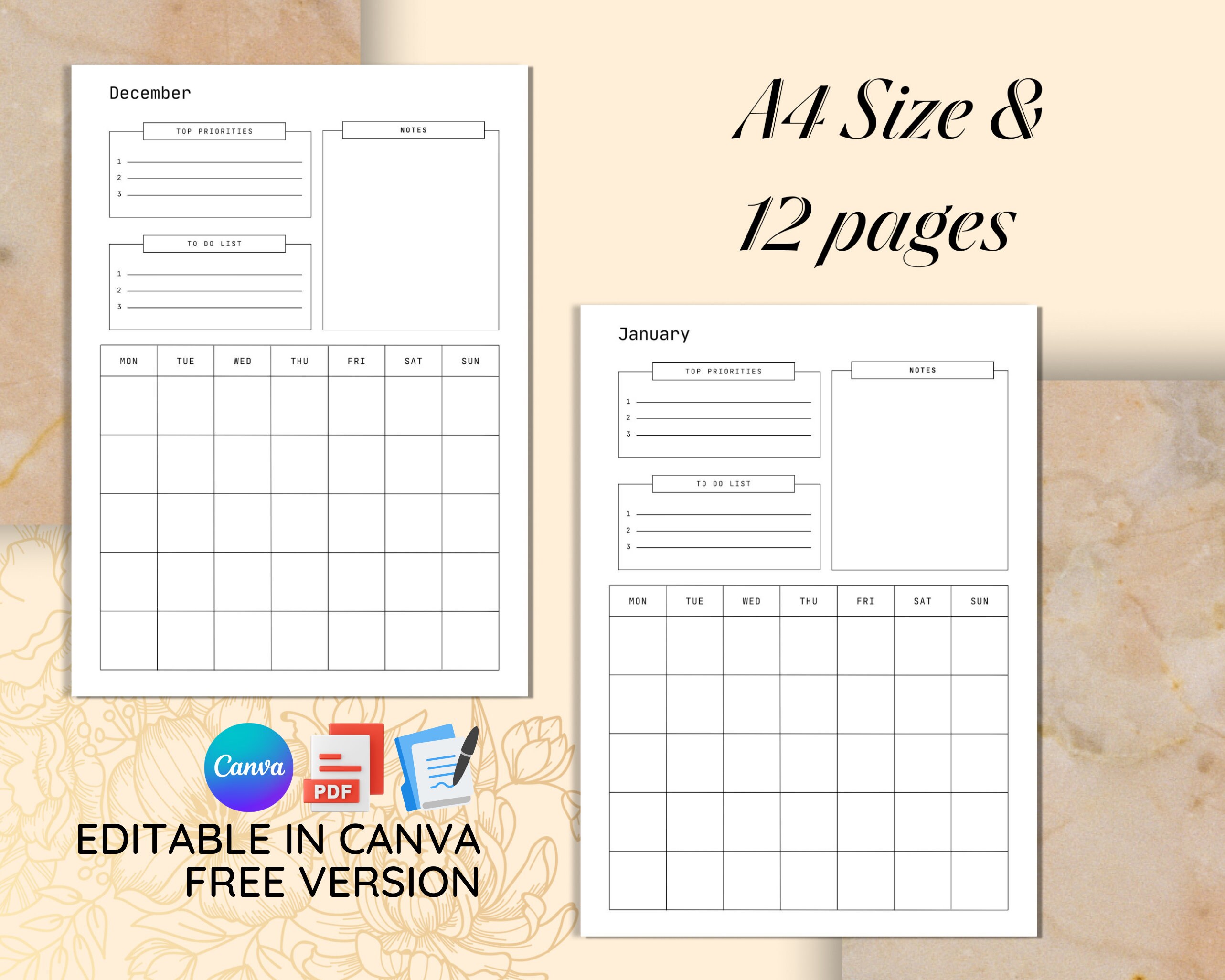 Editable Printable Planner, Monthly Undated Planner, Student Planner ...