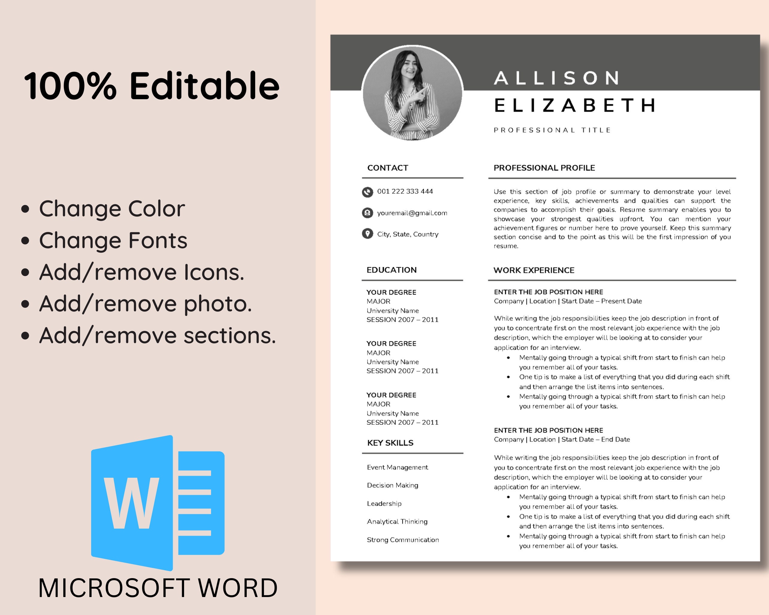 Resume Template With Photo, Professional Resume Template Word, Clean CV ...