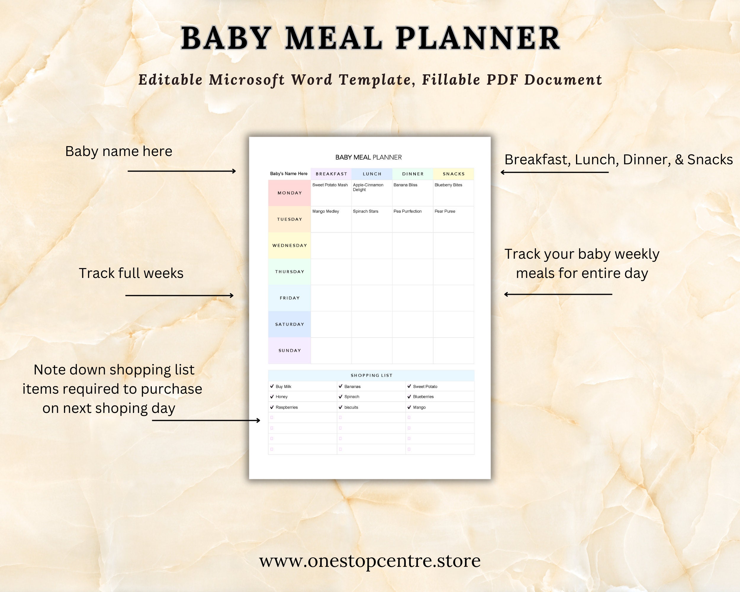 Baby Weekly Meal Planner Template: Editable Shopping List (PDF, Word ...