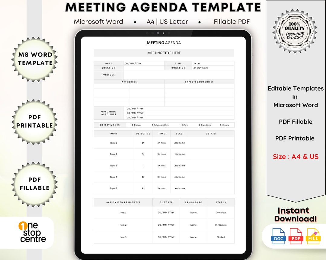 Editable Work Meeting Notes Agenda Templates, Printable Meeting ...