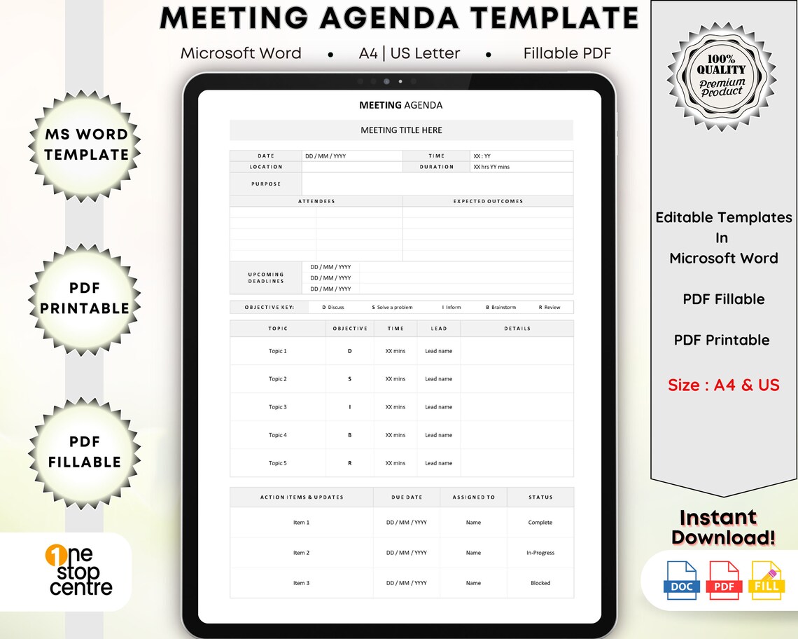 Editable Work Meeting Notes Agenda Templates, Printable Meeting ...