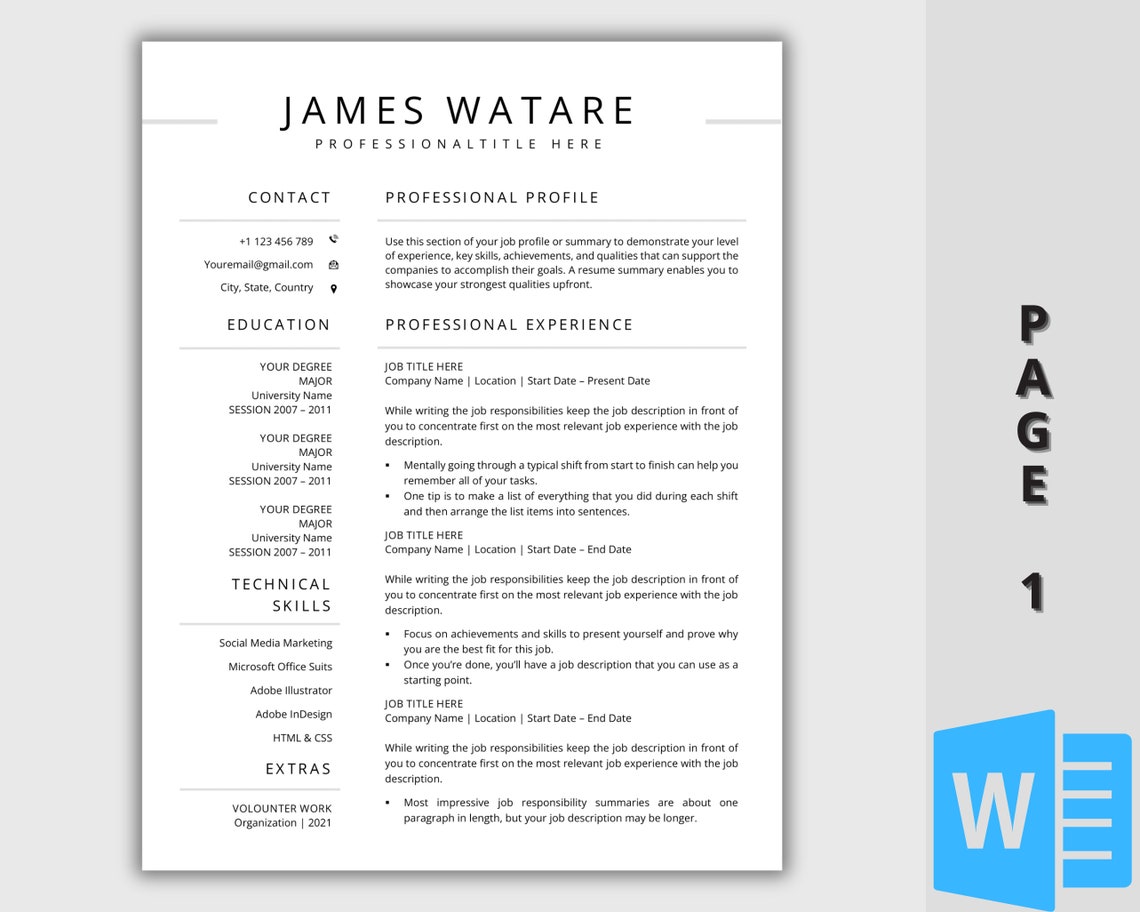 Minimalist Resume Template Word CV Template Clean - Etsy