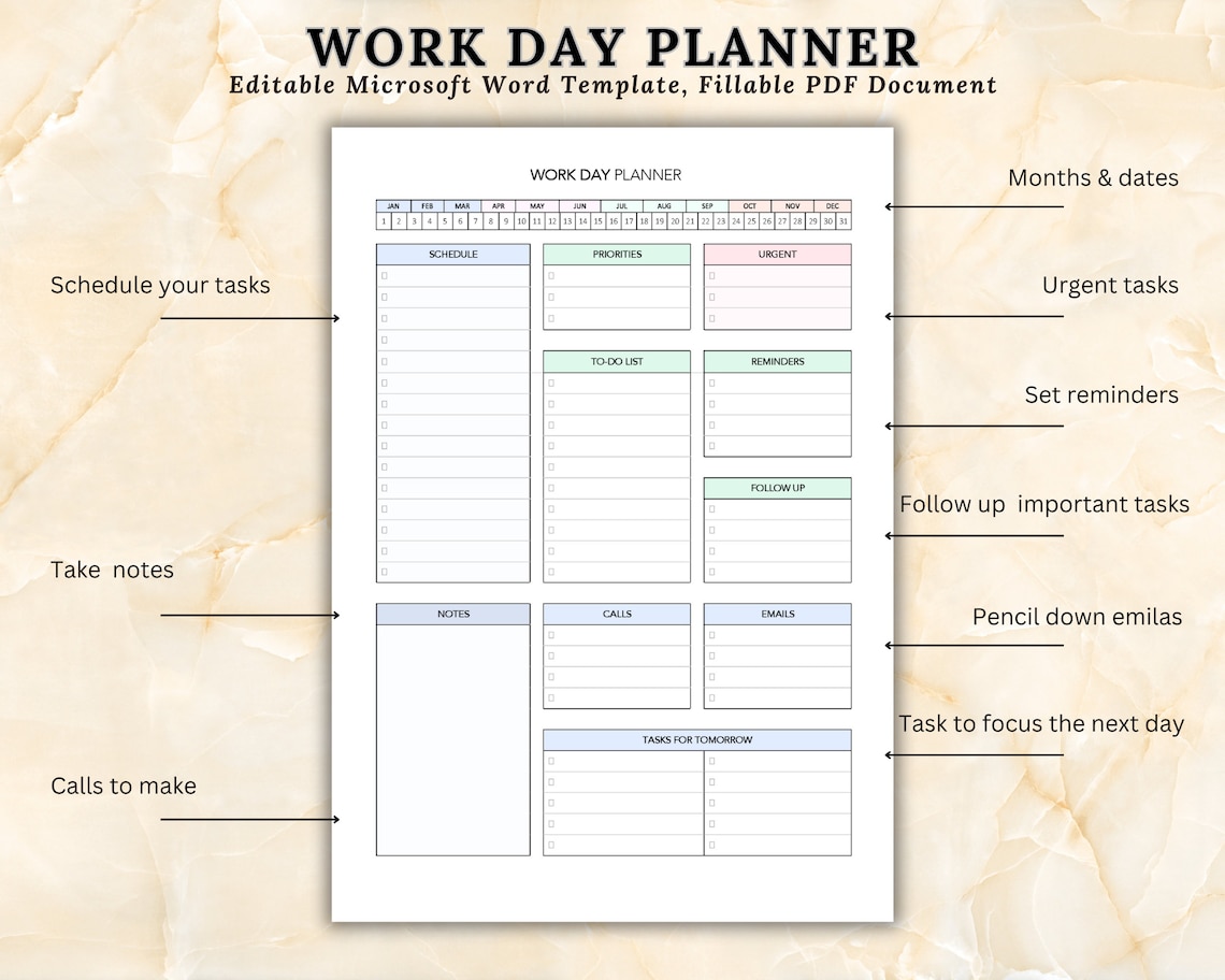 Editable Work Planner Template, Work Day Organizer, Printable Daily ...