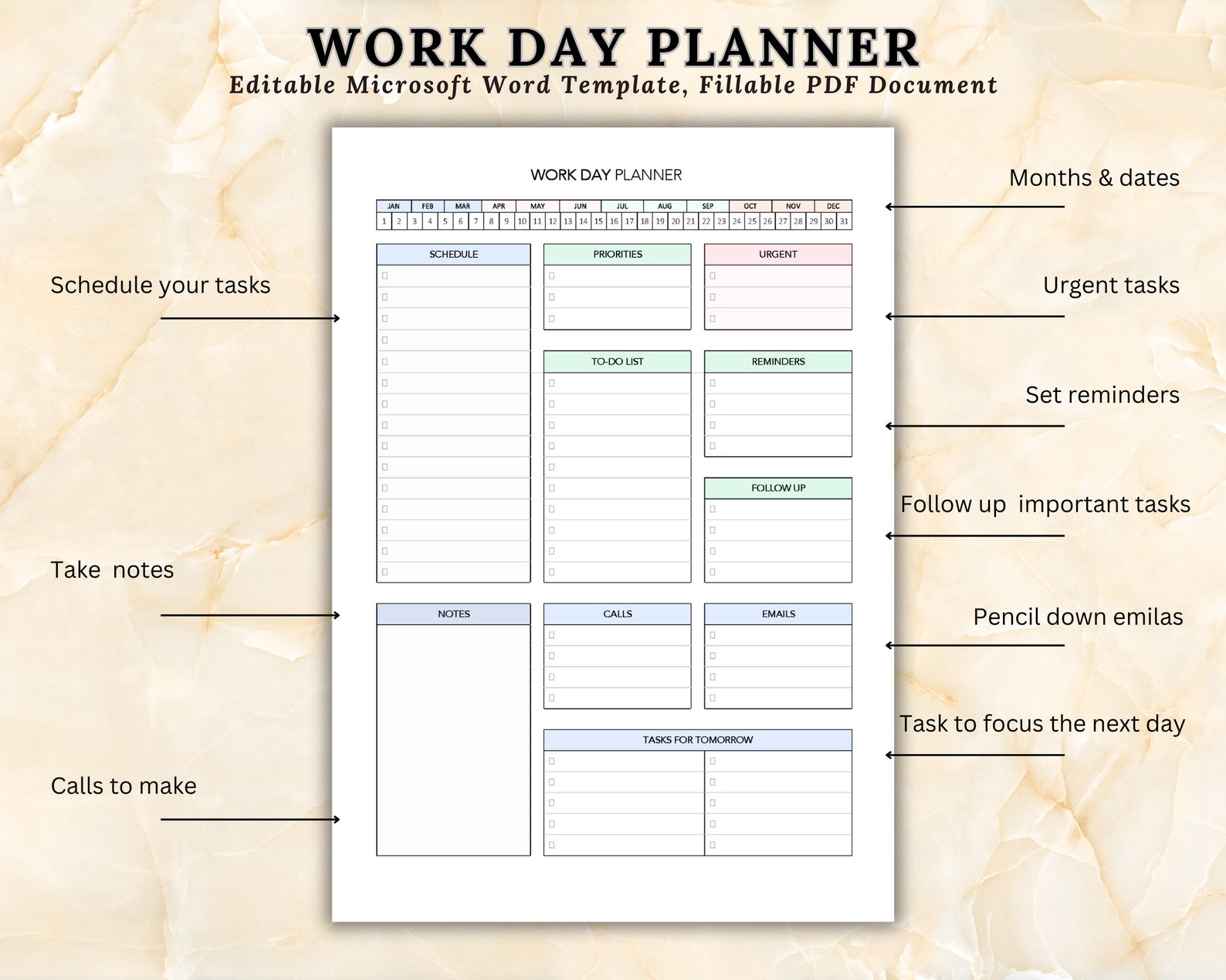Editable Work Planner Template, Work Day Organizer, Printable Daily ...