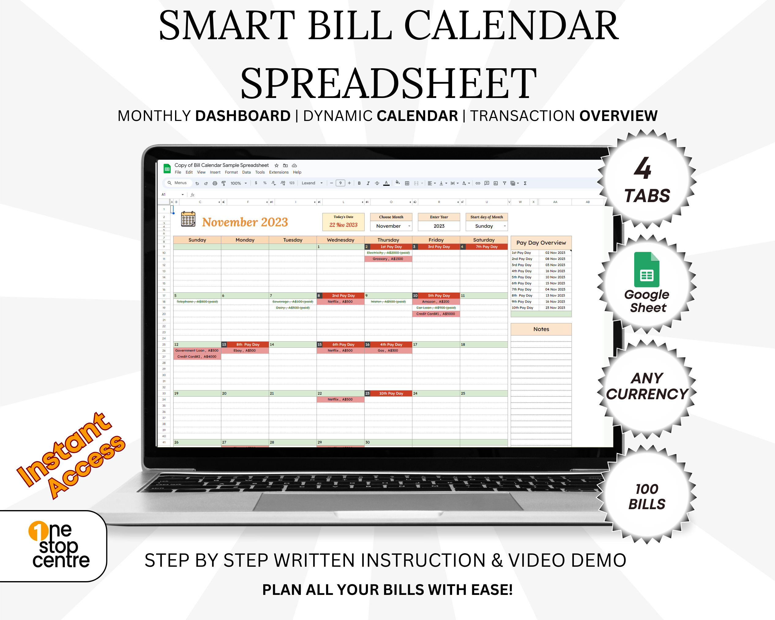 Monthly Bill Tracker Spreadsheet, Google Sheets Bill Calendar, Bill ...
