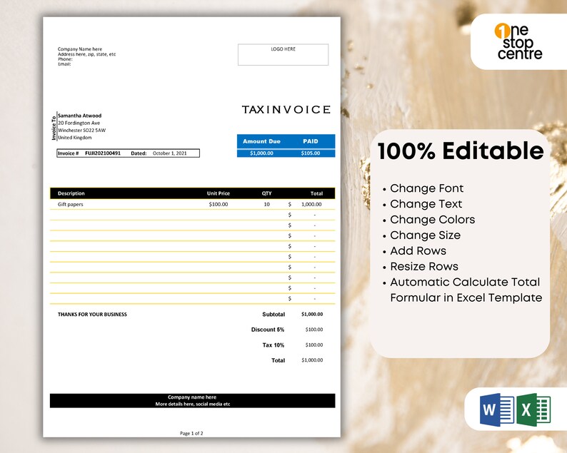 Editable Excel Spreadsheet Tax Invoice Template, Small Business Automated Invoice Excel ...