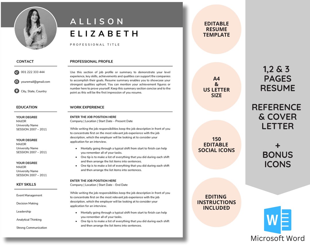 Resume Template With Photo, Professional Resume Template Word, Clean CV ...
