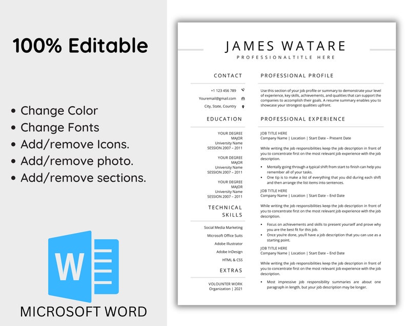 Minimalist Resume Template Word CV Template Clean - Etsy