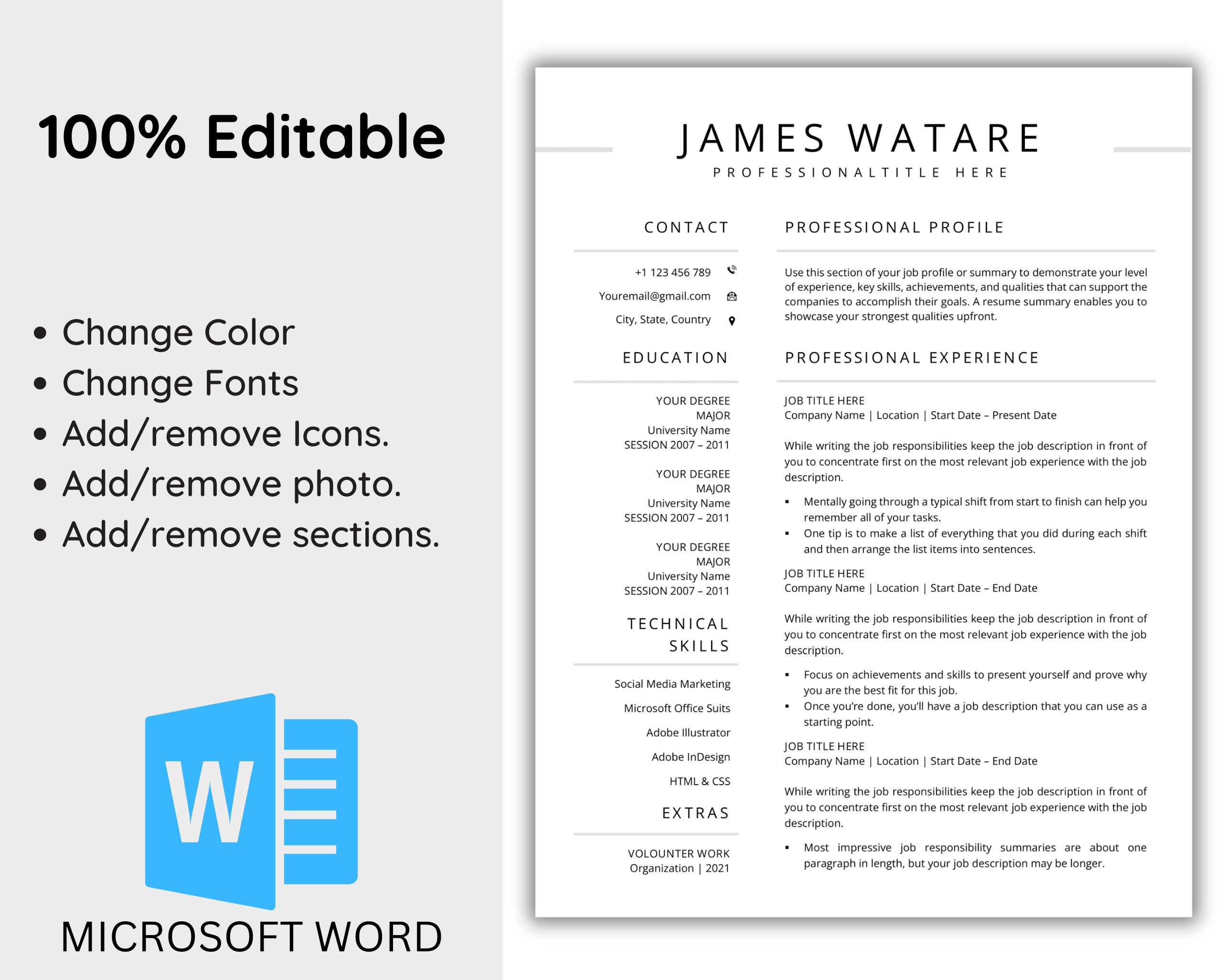 Minimalist Resume Template Word CV Template Clean - Etsy