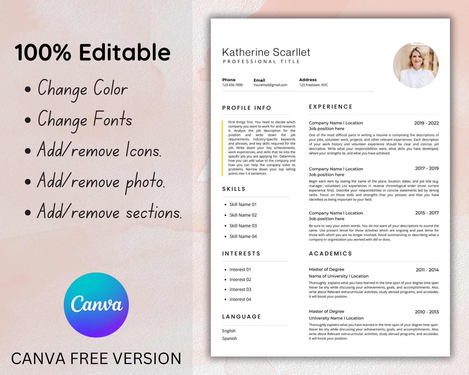 Minimalist Resume Template With Photo: Canva Editable CV (digital ...