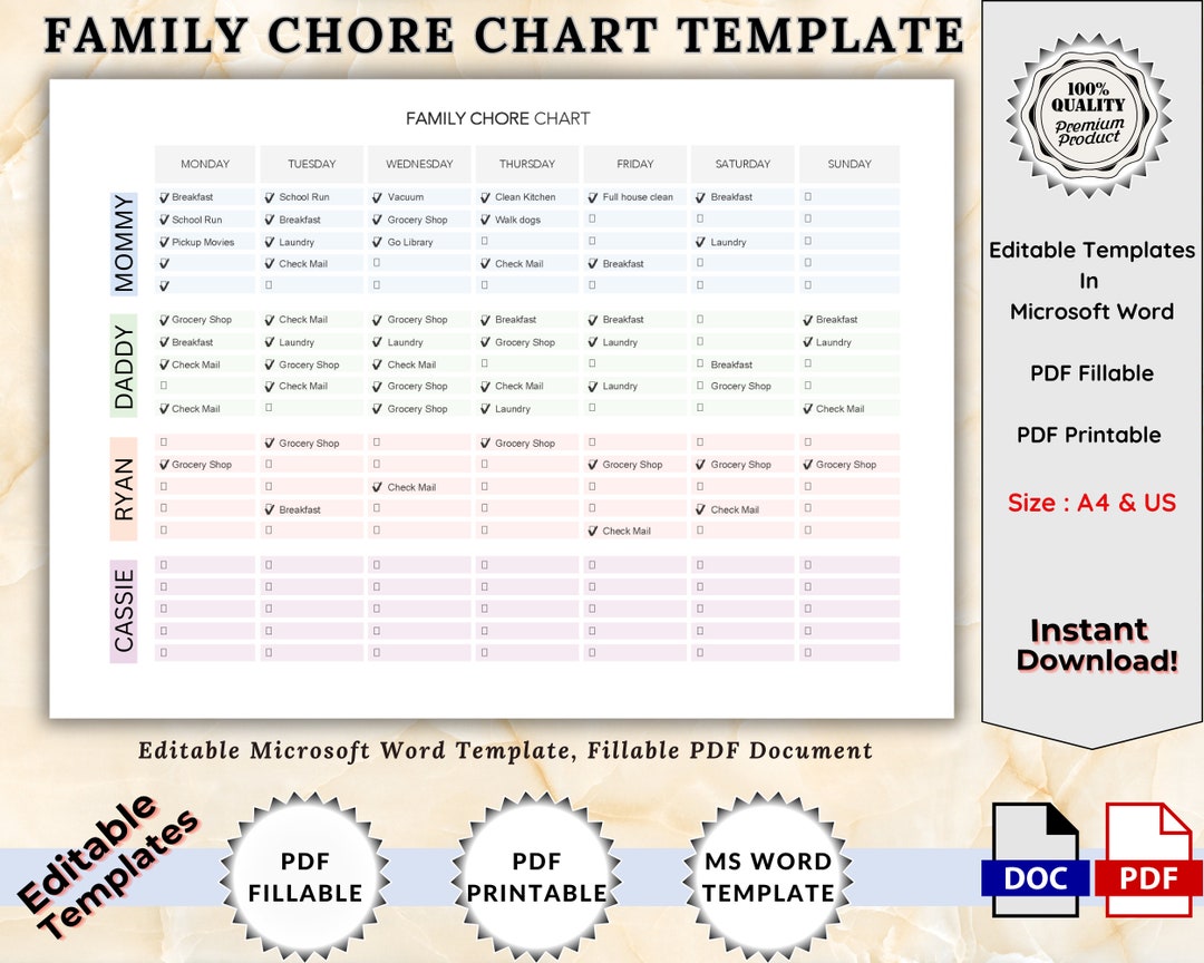 Editable Family Chore Chart Template, Printable Family Planners, Weekly ...