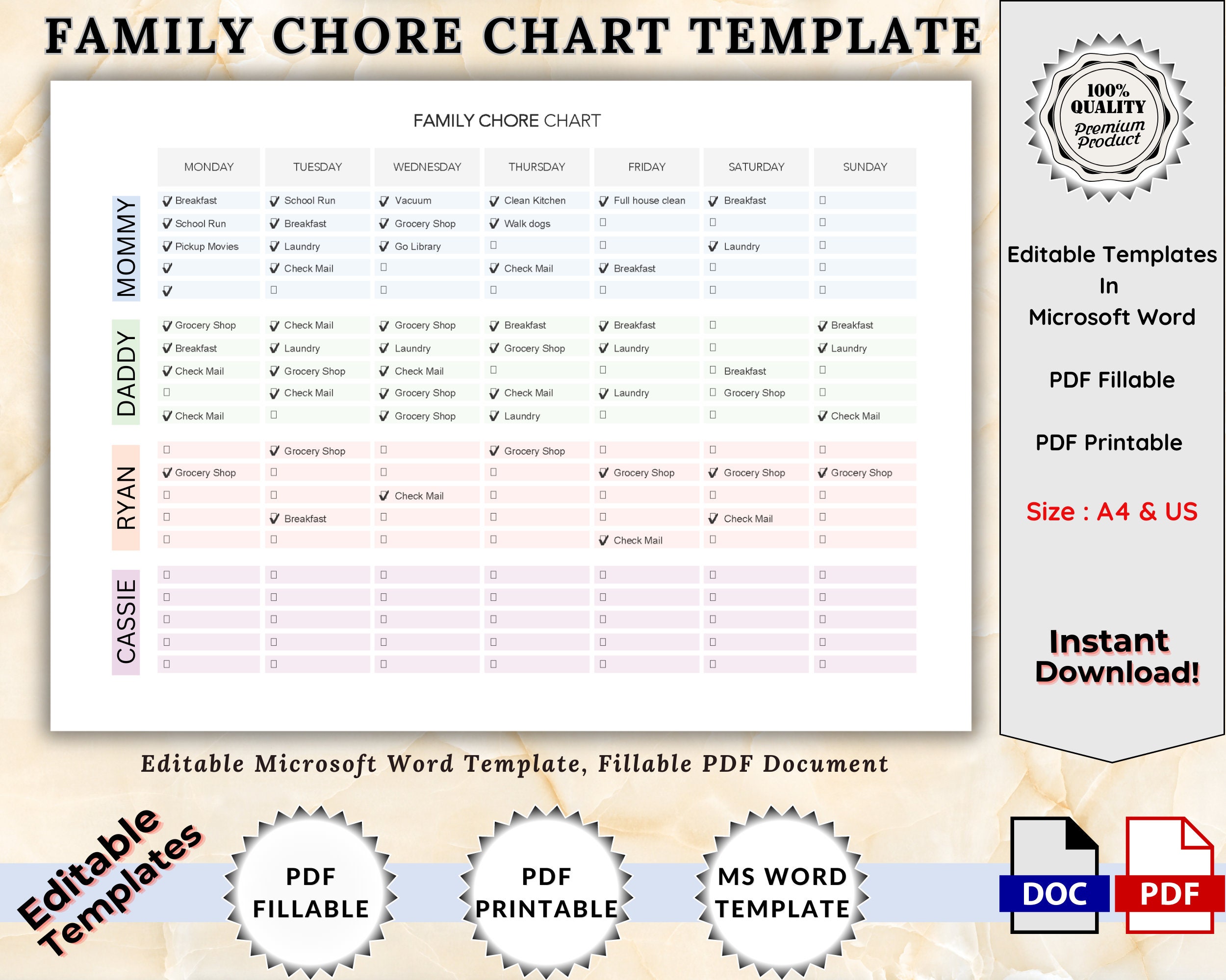 Editable Family Chore Chart Template: Weekly Planner (PDF, Word) - Etsy ...