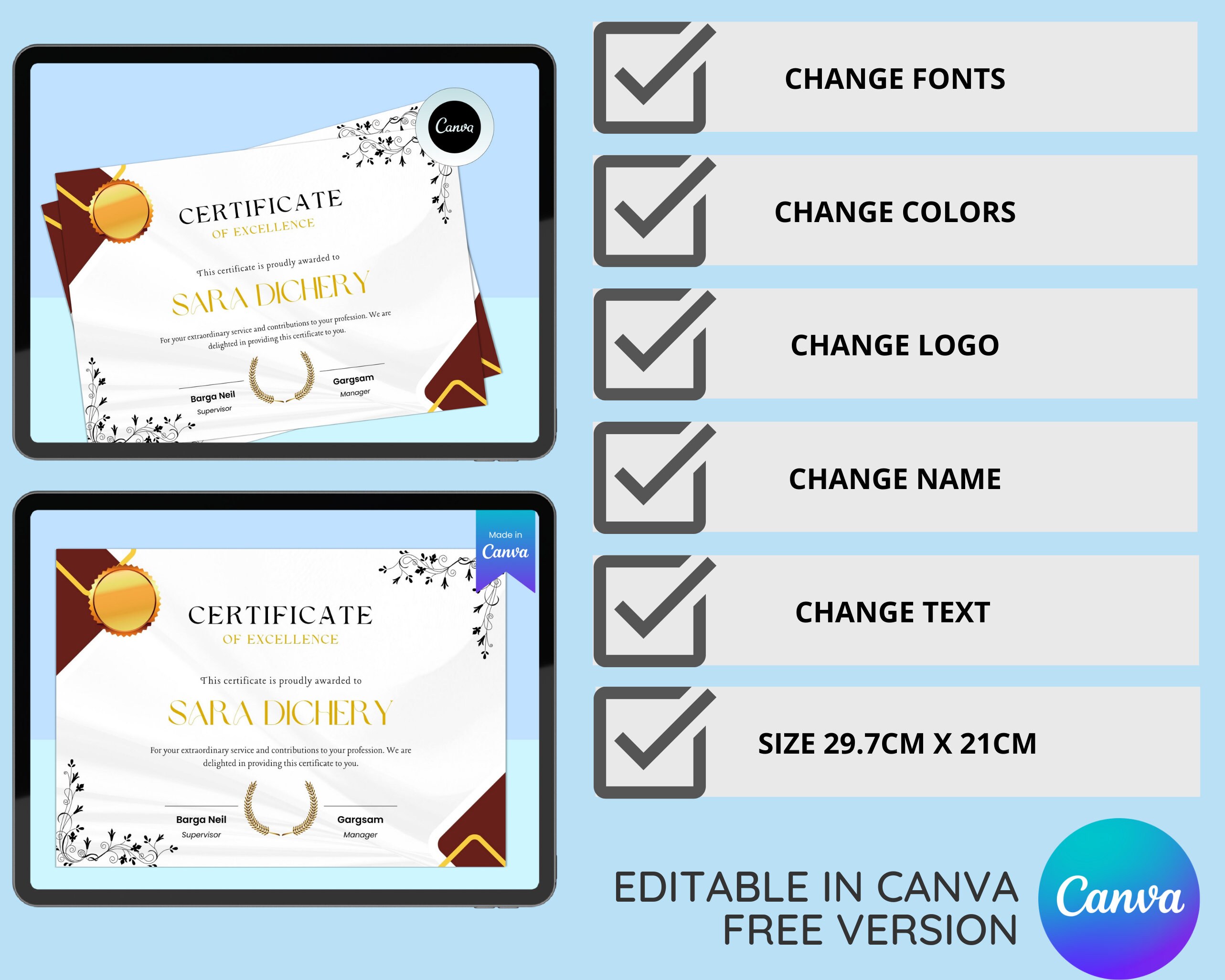 Editable Certificate Template: Canva Award of Excellence (digital ...