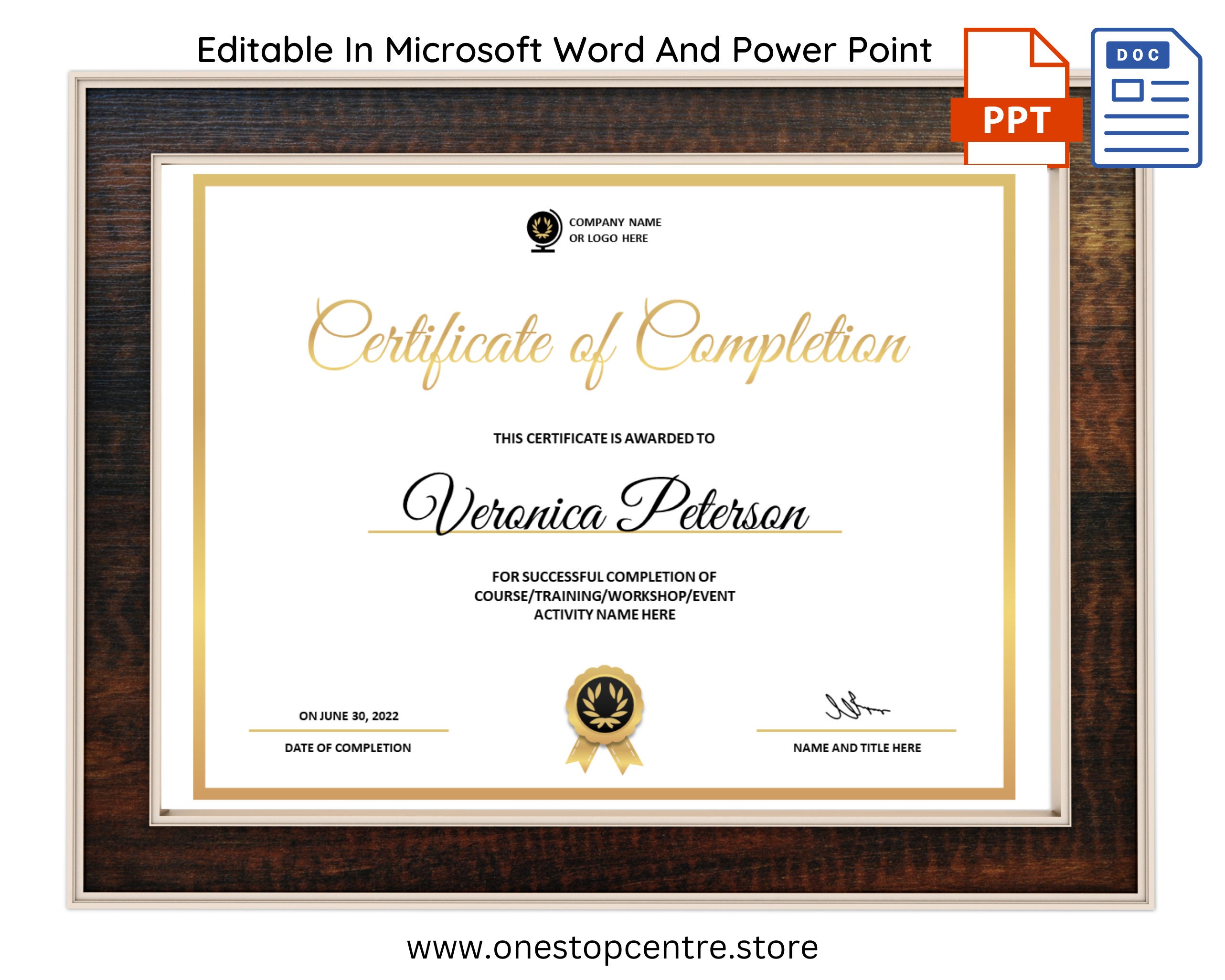 Professional Certificate Template Editable, White Gold Minimalist Award ...