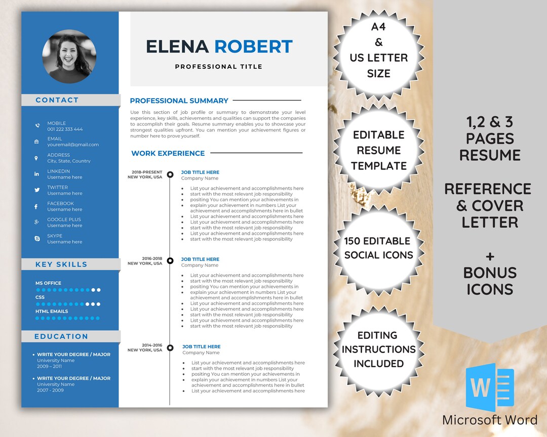 Modern Resume Template With Photo: Cover Letter & References (word) - Etsy