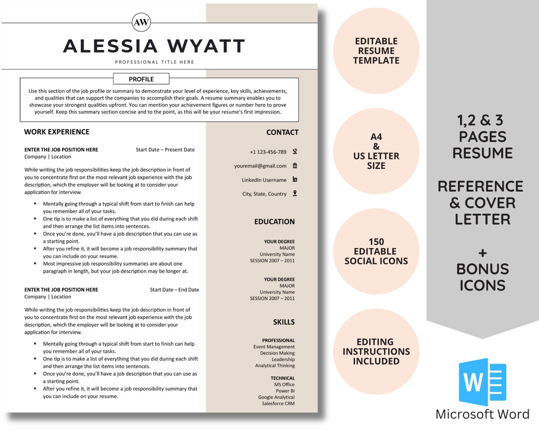 Editable Resume Template for Word, CV Template Words, Resume Template ...
