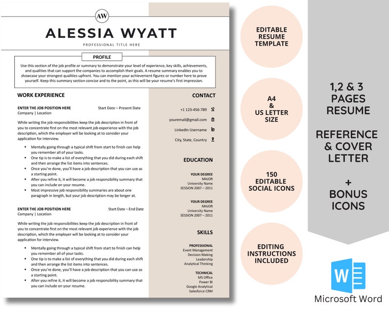 Editable Resume Template for Word, CV Template Words, Resume Template ...