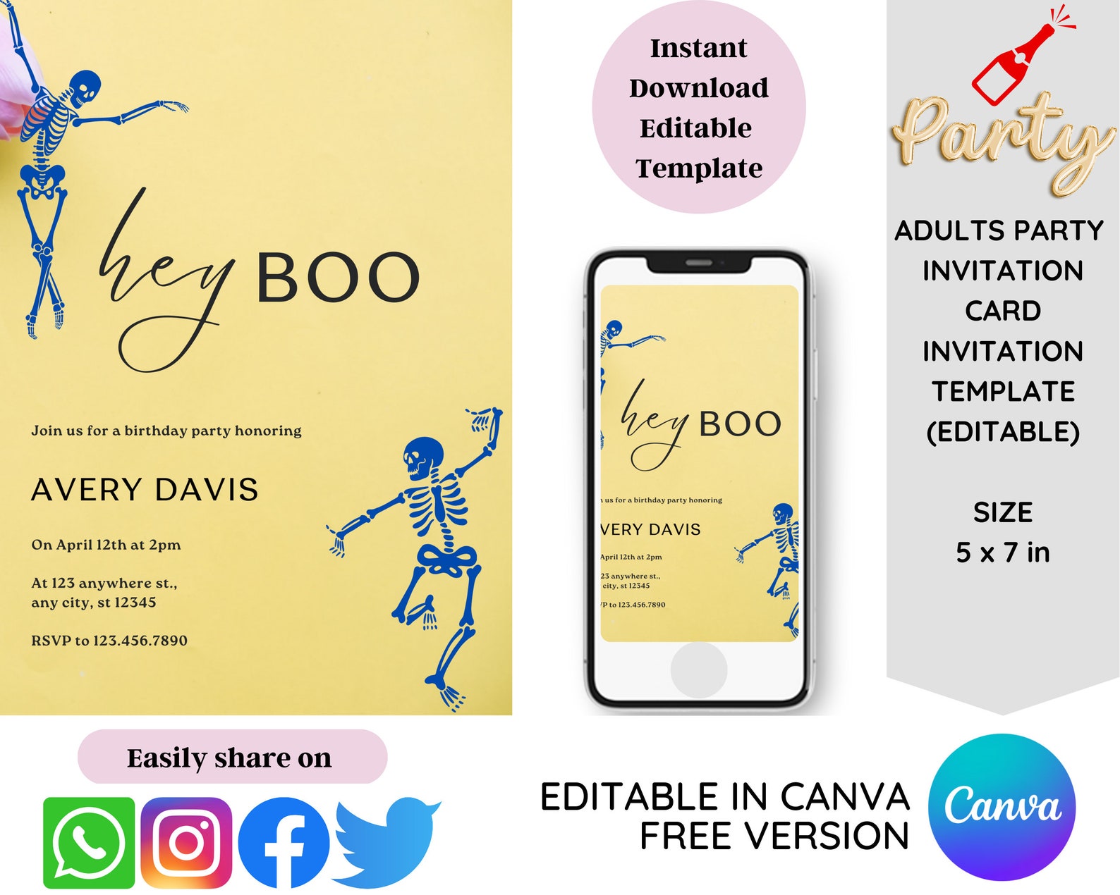 Skeleton Birthday Party Invitation Template: Editable Canva Card (5x7 ...