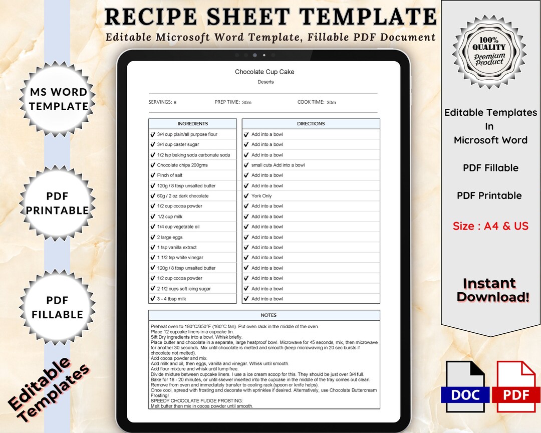 Editable Recipe Sheet Template, Printable Recipe Templates, Minimalist ...